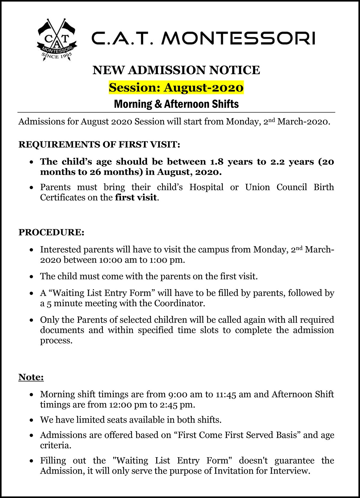 Admission Notice For August-2020 Session | C.A.T. Montessori | Best ...